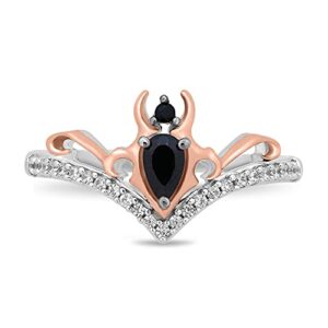 Jewelili Enchanted Disney Fine Jewelry Sterling Silver and 10K Rose Gold 5x3 MM Pear Shape Black Onyx and 1/6 Cttw Treated Black Diamond and White Round Diamond Maleficent Ring, Size 8