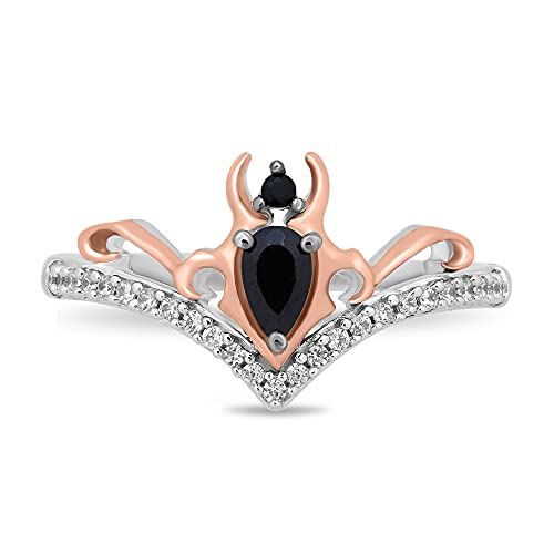 Jewelili Enchanted Disney Fine Jewelry Sterling Silver and 10K Rose Gold 5x3 MM Pear Shape Black Onyx and 1/6 Cttw Treated Black Diamond and White Round Diamond Maleficent Ring, Size 8