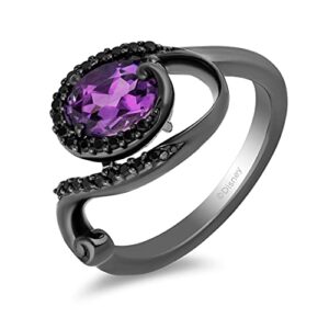 jewelili enchanted disney fine jewelry black rhodium over sterling silver 8x6 mm oval shape amethyst and 1/5 cttw treated black diamond ursula ring, size 9