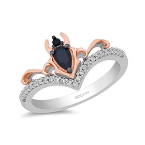 jewelili enchanted disney fine jewelry sterling silver and 10k rose gold 5x3 mm pear shape black onyx and 1/6 cttw treated black diamond and white round diamond maleficent ring, size 8