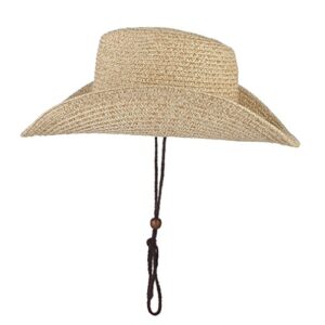 Western Cowboy Hat with String for Women Men Foldable Summer Sun Protection Straw Beach Hats with Wide Brim Beige