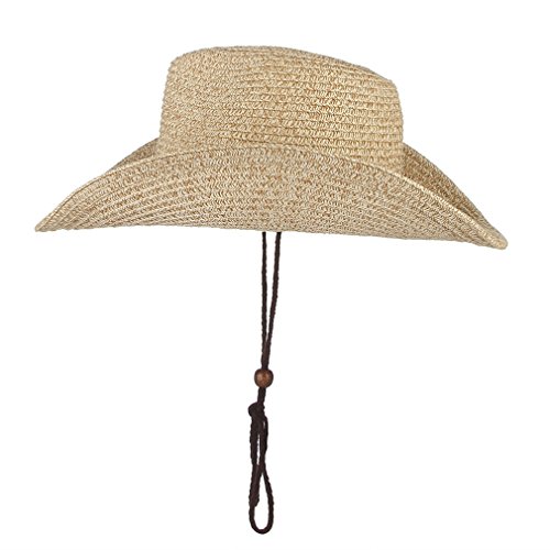 Western Cowboy Hat with String for Women Men Foldable Summer Sun Protection Straw Beach Hats with Wide Brim Beige