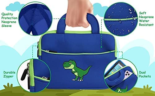 Kids Tablet Carrying Case, 7-10.5 inch Universal Neoprene Zipper Sleeve Tablet Bag Compatible with All Fire Kids, Kids Galaxy and Apple iPad Kids Tablets.(Blue Dino)