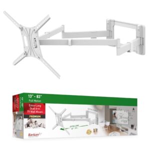 barkan 40" long white tv wall mount, 13 - 80 inch dual arm full motion articulating - 4 movement flat / curved screen bracket, holds up to 110lbs, extra stable, fits led oled lcd