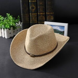 Western Cowboy Hat with String for Women Men Foldable Summer Sun Protection Straw Beach Hats with Wide Brim Beige