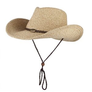 Western Cowboy Hat with String for Women Men Foldable Summer Sun Protection Straw Beach Hats with Wide Brim Beige