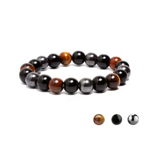 fishent triple protection bracelet, black obsidian hematite bracelet, bring lucky and prosperity, tiger eye beaded bracelets for men and women, good luck crystal bracelet adjustable elastic