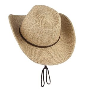 Western Cowboy Hat with String for Women Men Foldable Summer Sun Protection Straw Beach Hats with Wide Brim Beige