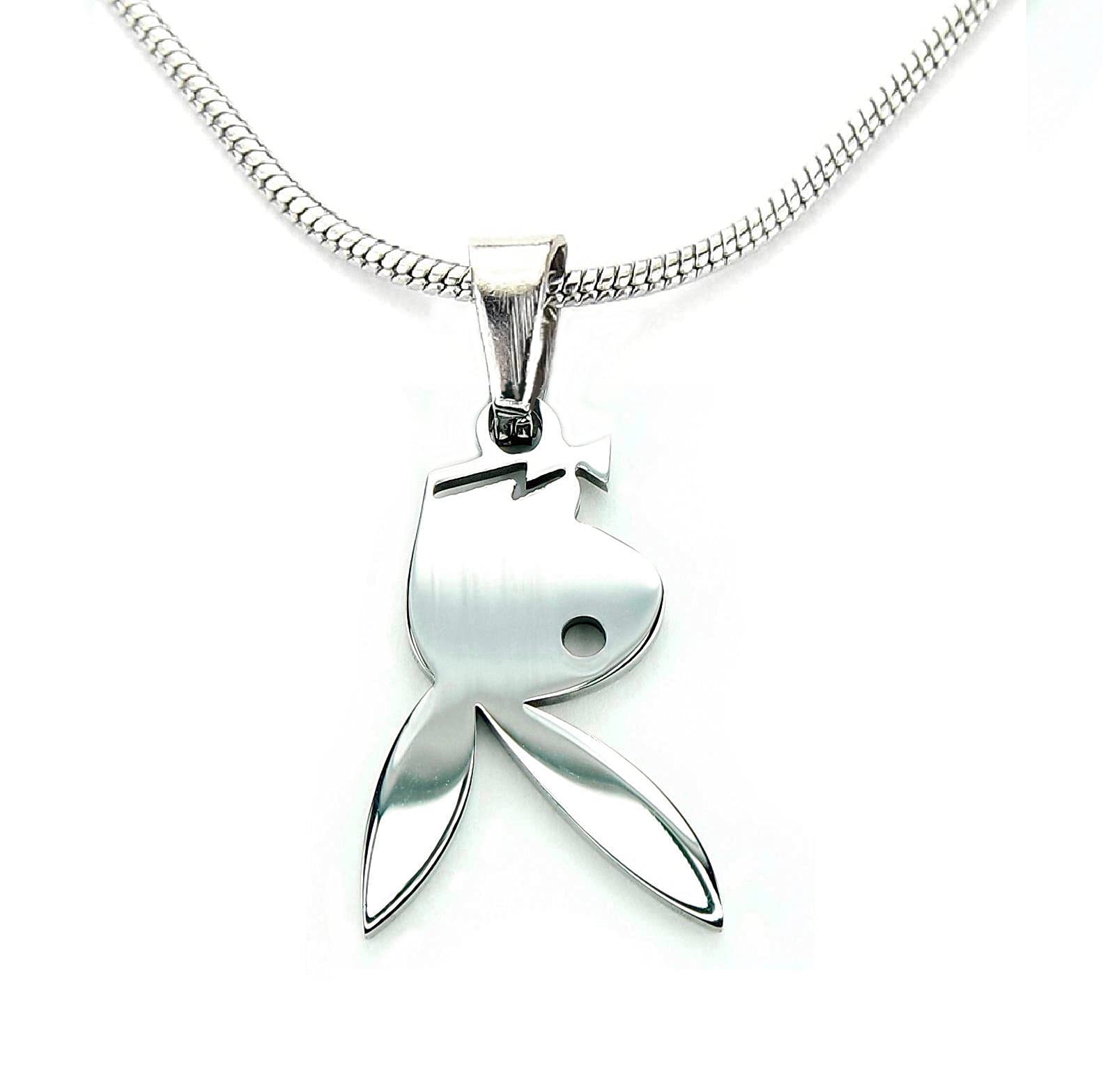 Ann Claridge Upside Down Playboy Bunny Necklace, on 18In Snake Chain, Pure 304 Stainless Steel, Playboy Chain Rabbit Tattoo Symbol Charm Pendant Necklace