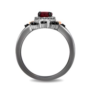 Jewelili Enchanted Disney Fine Jewelry Black Rhodium over Sterling Silver and 10K Rose Gold 1/5 CTTW Black and White Diamond with Red Garnet Evil Queen Ring