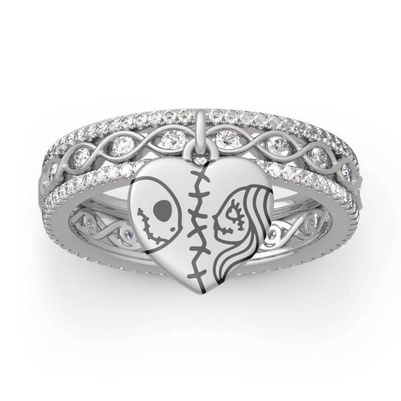 Jeulia Jack Skellington and Sally Ring "Magic of Love" Skull Couple Twist Sterling Silver Women Men Band Halloween Jewelry Anniversary Promise Rings for Him and Her with Jewelry Gift Box (Sterling Silber, 10.5)