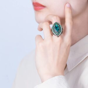 CKHAO Women Ring - Big Size Antique Gold Plated Turkish Style Green Gemstone Vintage Girls Ring Women Jewelry 0769GREEN (7)