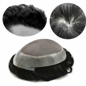 mens hairpiece toupee wig human hair replacement systems #1b natural black durable men's toupee fine mono monofilament wig clear poly skin around hair unit for man (6"x8", #1b off black/natural balck-120% light to medium density)