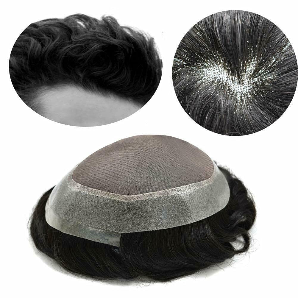 Mens HairPiece Toupee Wig Human Hair Replacement Systems #1B Natural Black Durable Men's Toupee Fine Mono Monofilament Wig Clear Poly Skin Around Hair Unit for Man (6"X8", #1B OFF BLACK/NATURAL BALCK-120% LIGHT TO MEDIUM DENSITY)