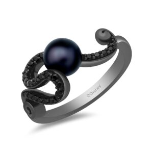 jewelili enchanted disney fine jewelry black rhodium over sterling silver 6.5 mm black round pearl and 1/5 cttw treated black round diamond ursula ring, size 8