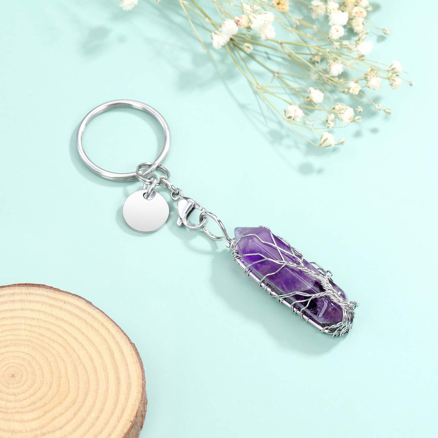 MANIFO Life Tree Wire Wrapped Crystals Keyring Healing Amethyst Stones Hexagonal Crystal Gemstone Points Pendant Keychain