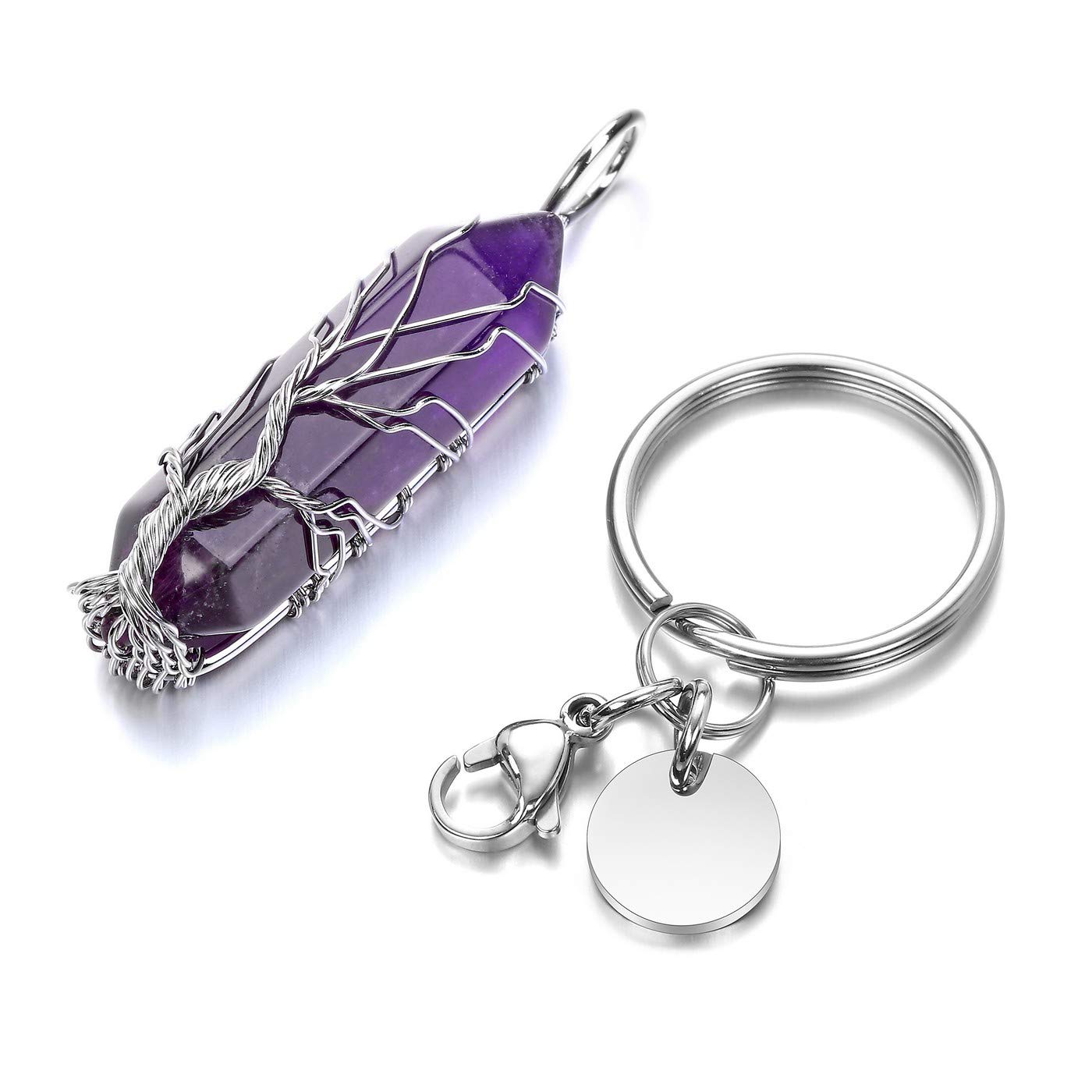 MANIFO Life Tree Wire Wrapped Crystals Keyring Healing Amethyst Stones Hexagonal Crystal Gemstone Points Pendant Keychain