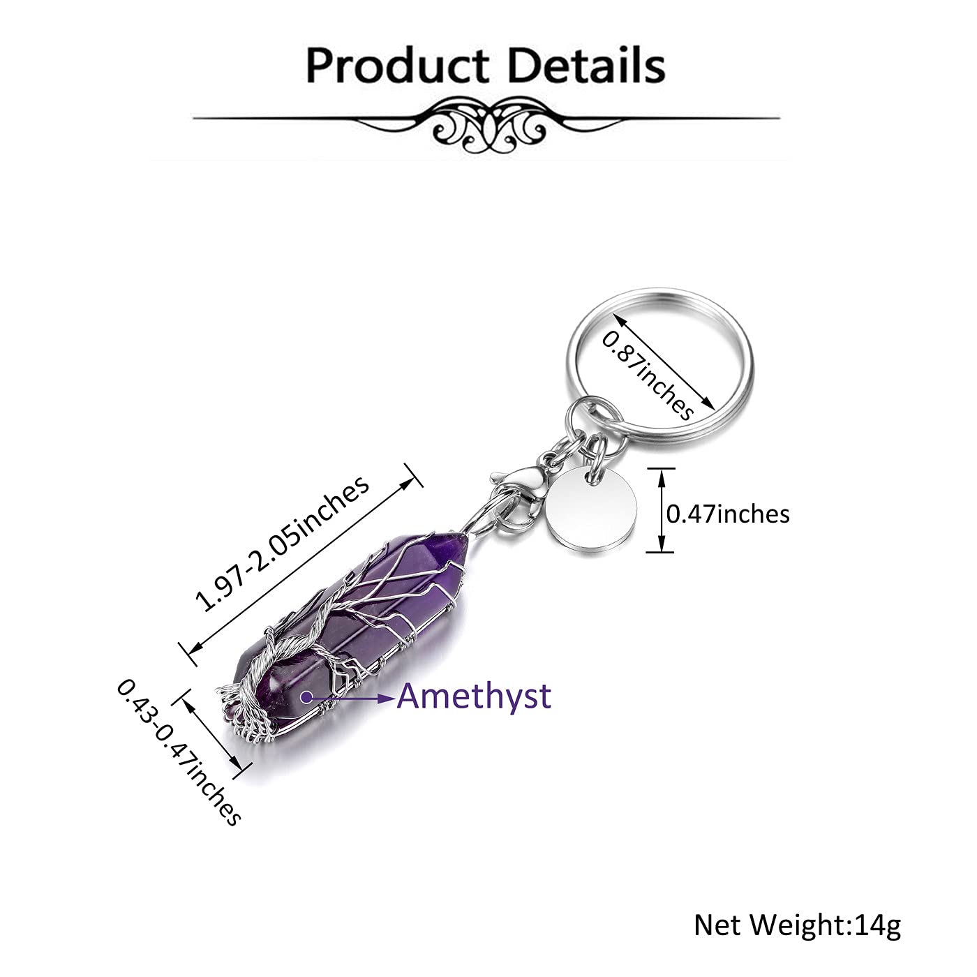 MANIFO Life Tree Wire Wrapped Crystals Keyring Healing Amethyst Stones Hexagonal Crystal Gemstone Points Pendant Keychain