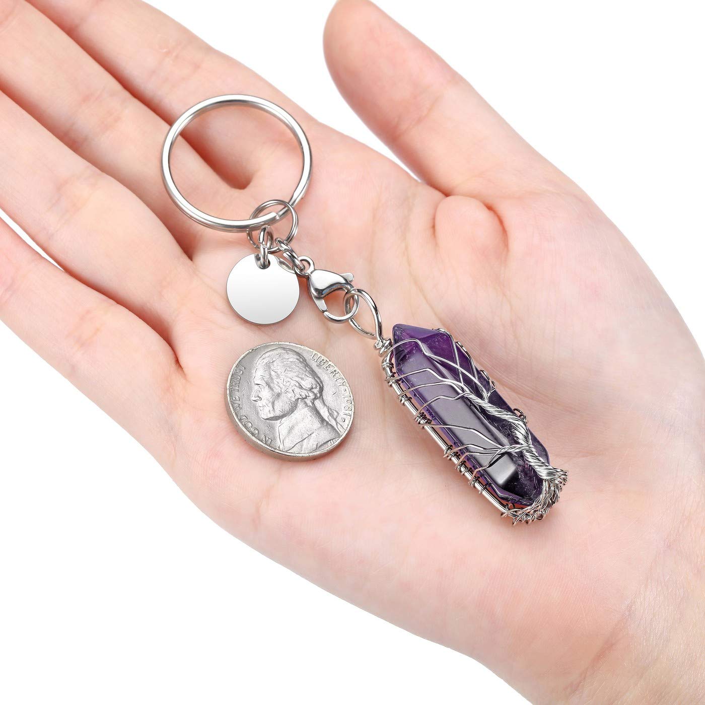 MANIFO Life Tree Wire Wrapped Crystals Keyring Healing Amethyst Stones Hexagonal Crystal Gemstone Points Pendant Keychain