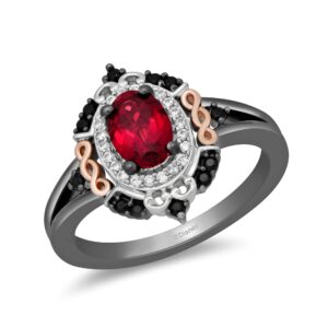 jewelili enchanted disney fine jewelry black rhodium over sterling silver and 10k rose gold 7x5mm oval shape red garnet with 1/5 cttw natural black and white round diamond evil queen ring, size 8