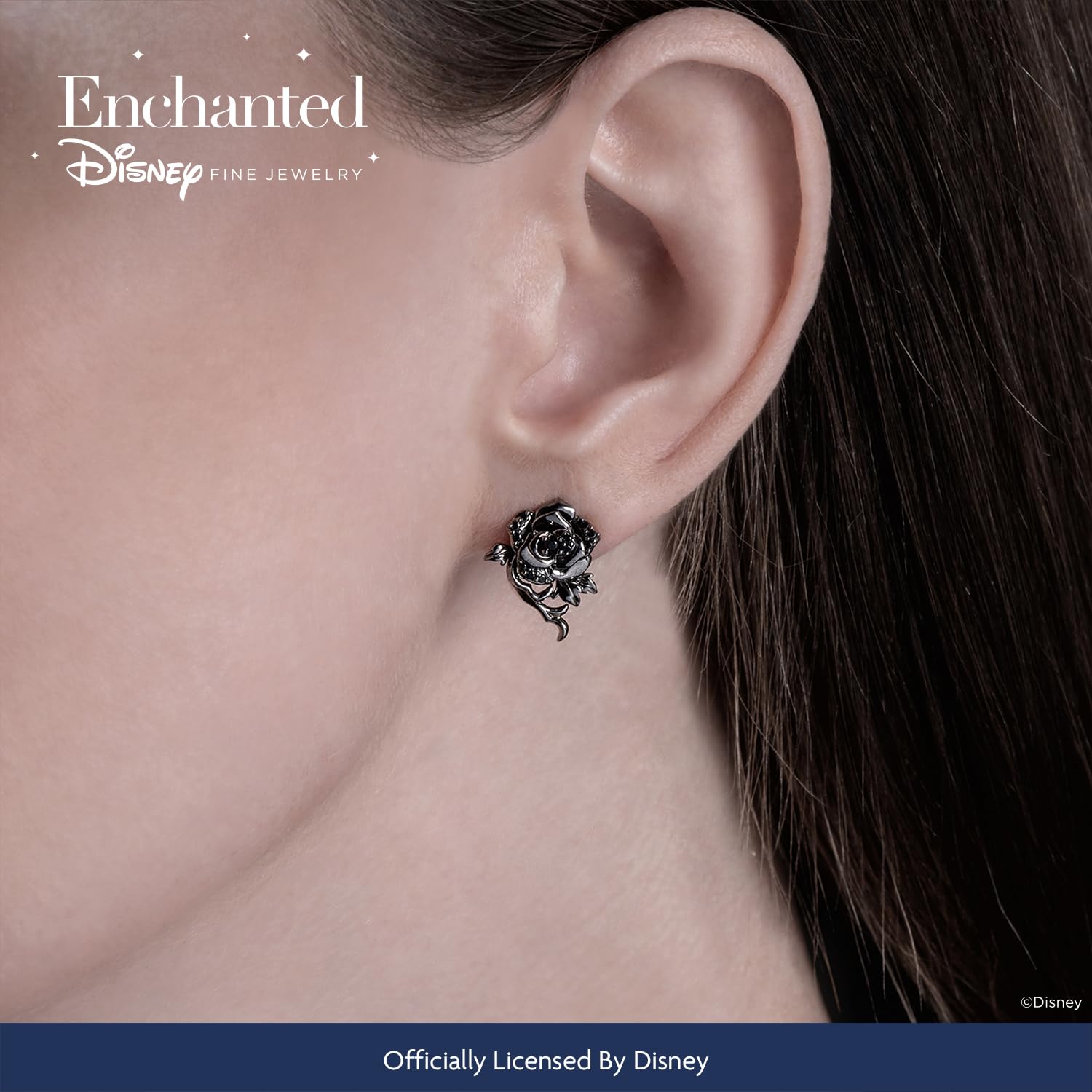 Jewelili Enchanted Disney Fine Jewelry Black Rhodium over Sterling Silver 1/5 Cttw Treated Black Round Diamond Maleficent Rose Earrings