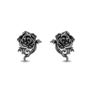 jewelili enchanted disney fine jewelry black rhodium over sterling silver 1/5 cttw treated black round diamond maleficent rose earrings