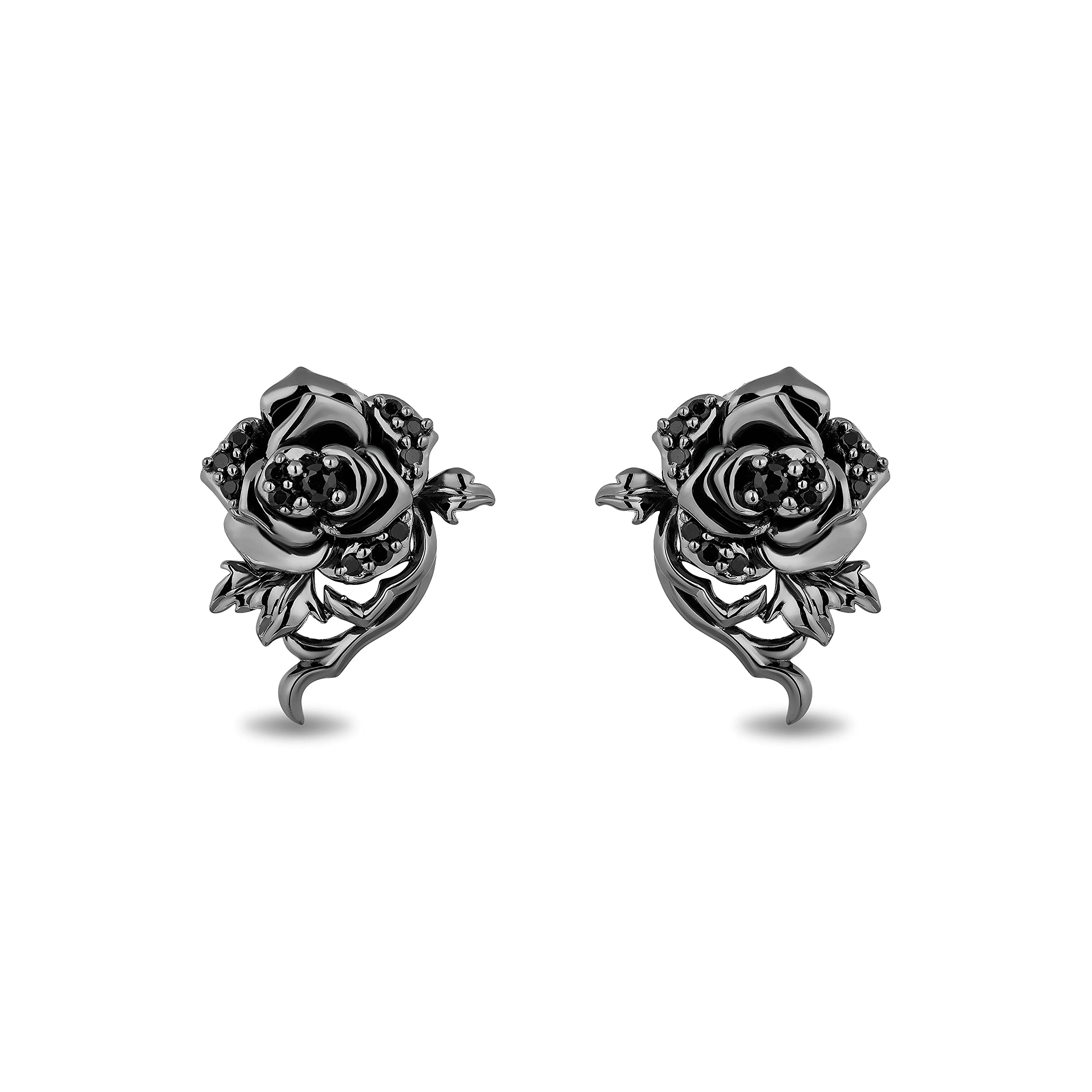 Jewelili Enchanted Disney Fine Jewelry Black Rhodium over Sterling Silver 1/5 Cttw Treated Black Round Diamond Maleficent Rose Earrings