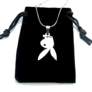 Ann Claridge Upside Down Playboy Bunny Necklace, on 18In Snake Chain, Pure 304 Stainless Steel, Playboy Chain Rabbit Tattoo Symbol Charm Pendant Necklace