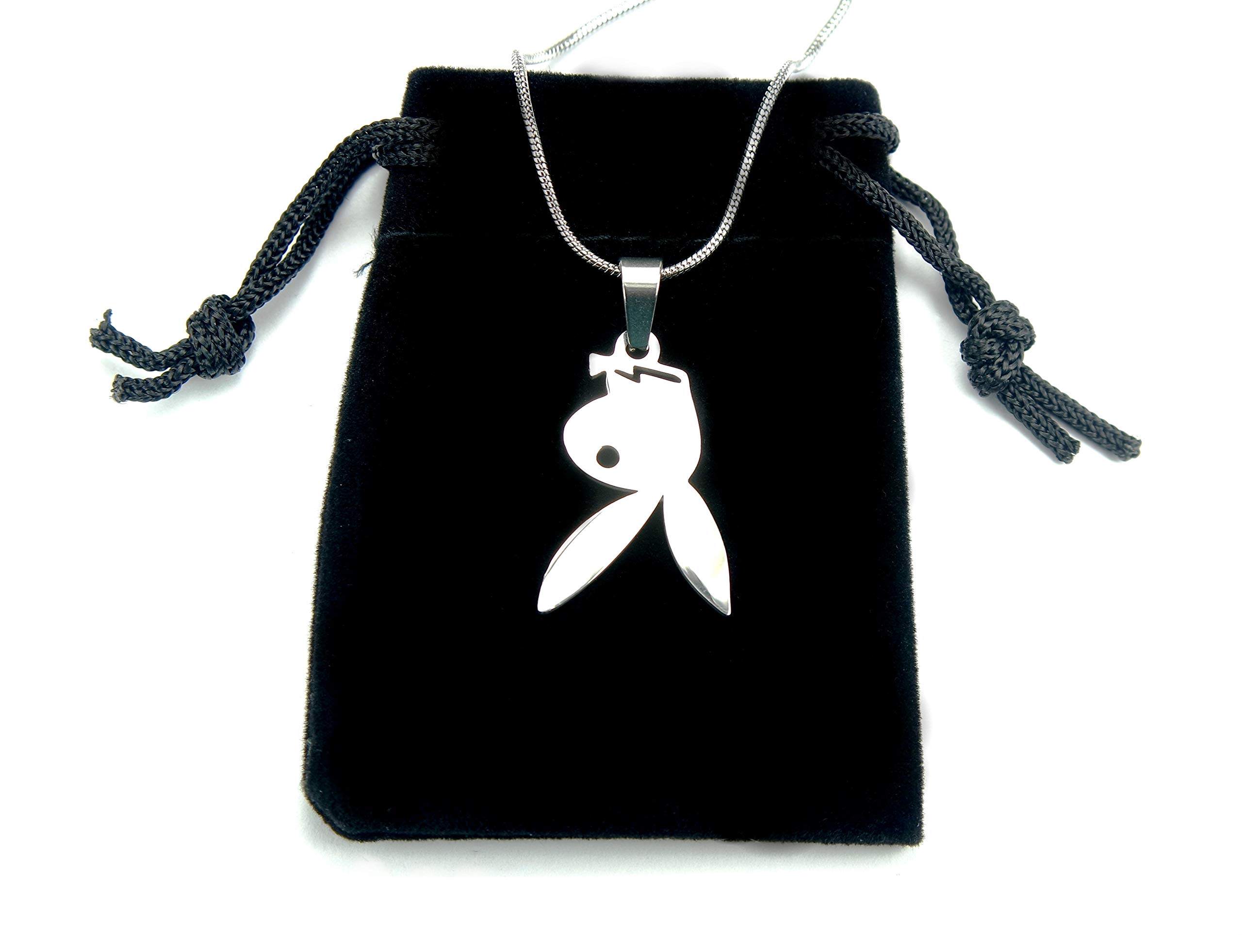 Ann Claridge Upside Down Playboy Bunny Necklace, on 18In Snake Chain, Pure 304 Stainless Steel, Playboy Chain Rabbit Tattoo Symbol Charm Pendant Necklace