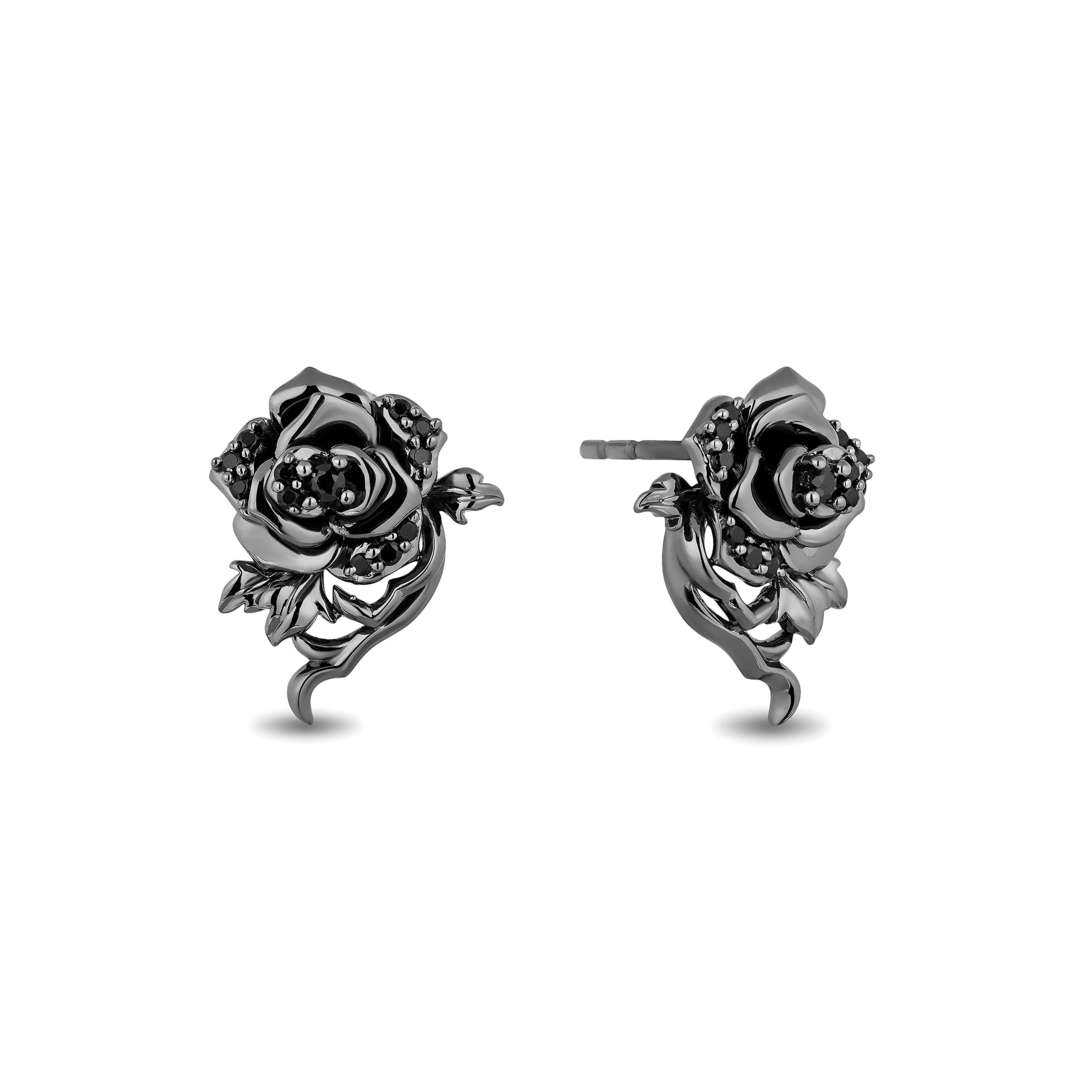 Jewelili Enchanted Disney Fine Jewelry Black Rhodium over Sterling Silver 1/5 Cttw Treated Black Round Diamond Maleficent Rose Earrings