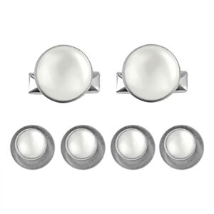 buttonmode tuxedo shirt studs and cufflinks, white with silver color trim, 6 piece complete set (4 studs for front, 2 cufflinks for sleeves) with 2 backup cufflinks, stainless steel and enamel, 1-set