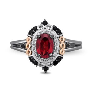 Jewelili Enchanted Disney Fine Jewelry Black Rhodium over Sterling Silver and 10K Rose Gold 1/5 CTTW Black and White Diamond with Red Garnet Evil Queen Ring