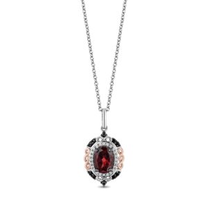 jewelili enchanted disney fine jewelry sterling silver and 10k rose gold 8x6 mm oval shape red garnet with 1/5 cttw black and white natural round diamonds evil queen pendant necklace 18" cable chain