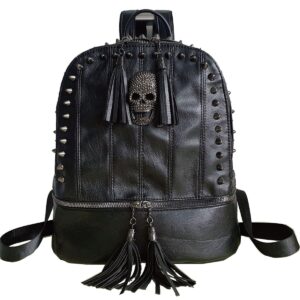 younxsl women skull rivet backpack purse fashion pu leather designer travel bag ladies shoulder bags(black)