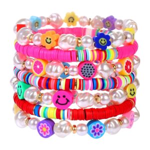 xocartige beaded stretch bracelets for women colorful clay fruit happy face bead bracelet rainbow heishi bracelet set stackable pearl y2k bracelets summer beach accessory (7pcs happy face bracelet)