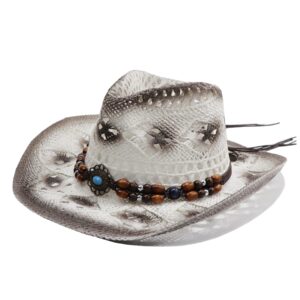 jiaoji men & women's woven straw cowboy cowgirl straw hat cowboy hats for women cowboy hat shapeable brim, beach cowgirl (white-dimgray/beads)