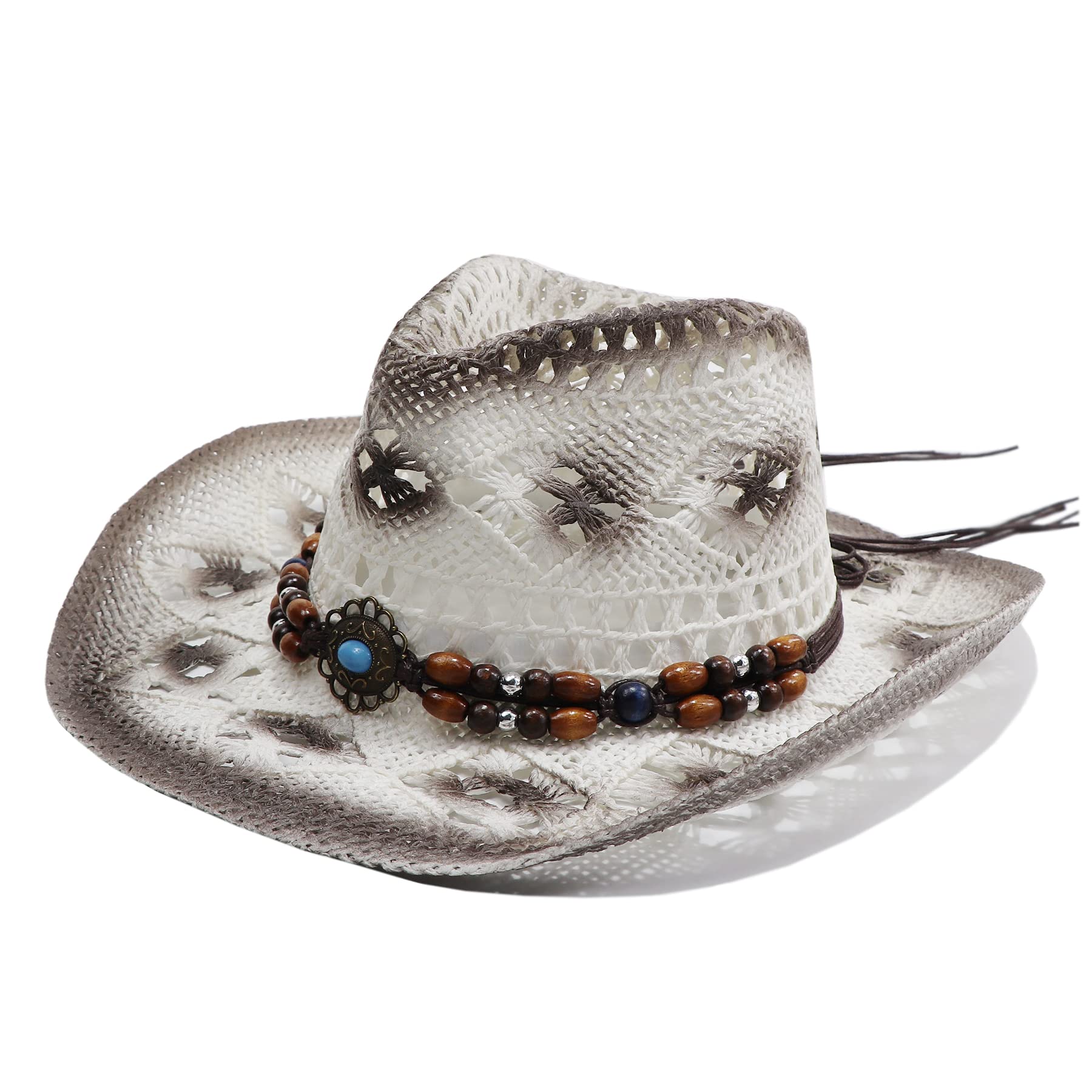 jiaoji Men & Women's Woven Straw Cowboy Cowgirl Straw Hat Cowboy Hats for Women Cowboy Hat Shapeable Brim, Beach Cowgirl (White-DimGray/Beads)