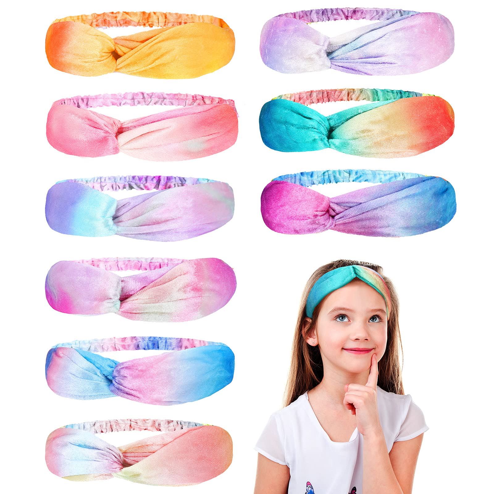 Waydress Rainbow Tie Dye 9 Pieces Hairband for Girls - Velvet Fabric Knotted Headbands, Stretch Headbands with Strong Elasticity, Spa and Face Washing Hair Bands, Hair Accessories