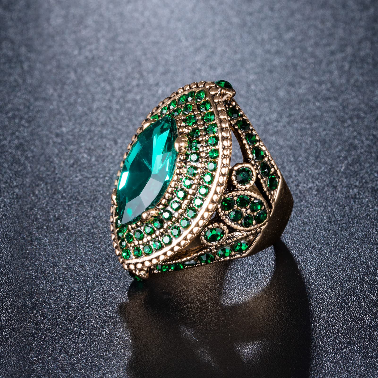 CKHAO Women Ring - Big Size Antique Gold Plated Turkish Style Green Gemstone Vintage Girls Ring Women Jewelry 0769GREEN (7)