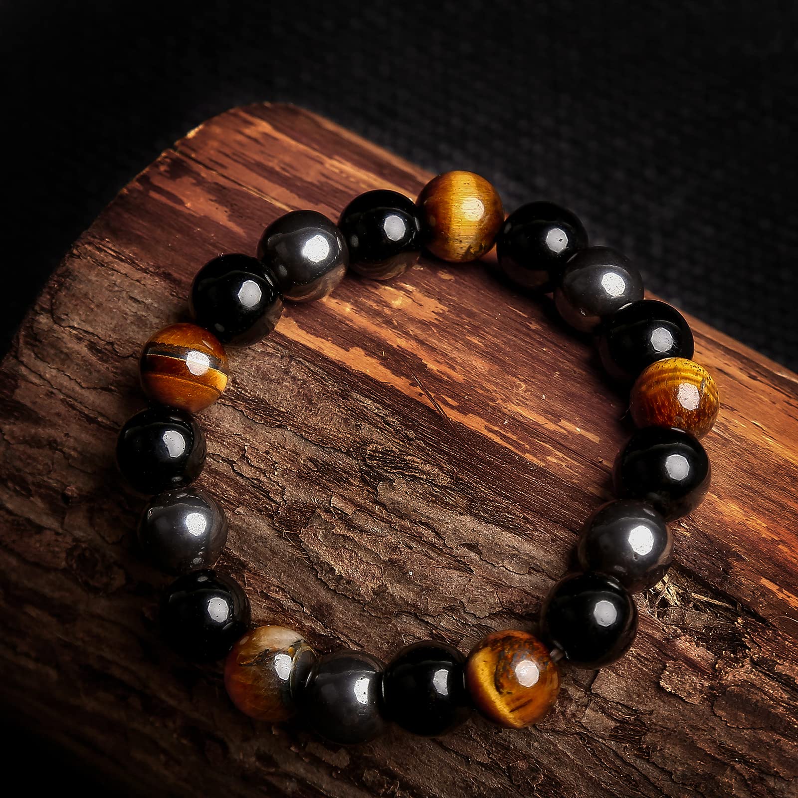 Fishent Triple Protection Bracelet, Black Obsidian Hematite Bracelet, Bring Lucky and Prosperity, Tiger Eye Beaded Bracelets for Men and Women, Good Luck Crystal Bracelet Adjustable Elastic