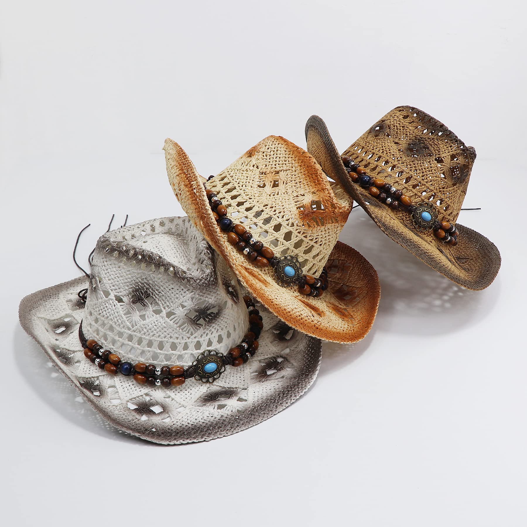 jiaoji Men & Women's Woven Straw Cowboy Cowgirl Straw Hat Cowboy Hats for Women Cowboy Hat Shapeable Brim, Beach Cowgirl (White-DimGray/Beads)