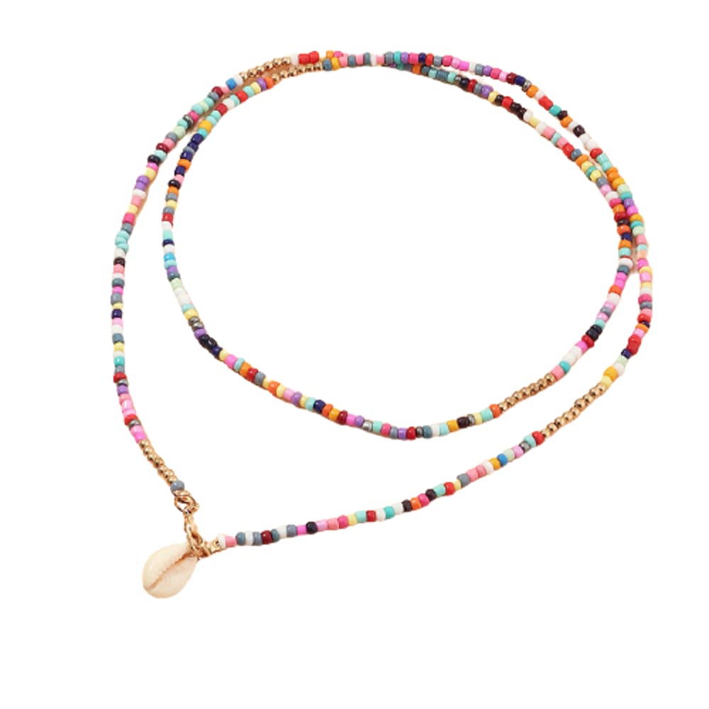 Boho Rainbow Beaded Necklace Layered Neck Chain Multi Color Bead Choker Necklaces Shell Star Butterfly Collar Jewelry Colorful Flower Chain Beach Travel Hawaiian Costume Jewelry-Shell