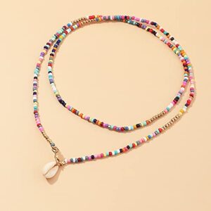 Boho Rainbow Beaded Necklace Layered Neck Chain Multi Color Bead Choker Necklaces Shell Star Butterfly Collar Jewelry Colorful Flower Chain Beach Travel Hawaiian Costume Jewelry-Shell