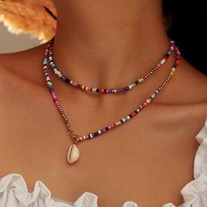 Boho Rainbow Beaded Necklace Layered Neck Chain Multi Color Bead Choker Necklaces Shell Star Butterfly Collar Jewelry Colorful Flower Chain Beach Travel Hawaiian Costume Jewelry-Shell