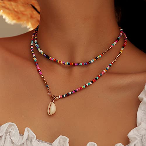 Boho Rainbow Beaded Necklace Layered Neck Chain Multi Color Bead Choker Necklaces Shell Star Butterfly Collar Jewelry Colorful Flower Chain Beach Travel Hawaiian Costume Jewelry-Shell