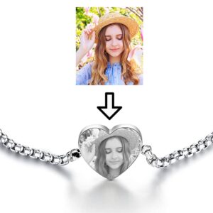 AIPNIS Personalized Custom Photo Text Stainless Steel Adjustable Bracelet Carved Heart Shaped Pendant Fashion Jewelry Custom Gift for Women