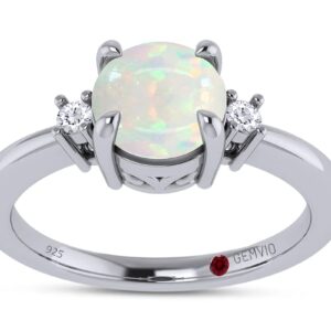 GEMVIO Collection Round Cut 6MM Natural White Opal Gemstone & Diamond Accent Solitaire Rings in 14K White Gold Over Sterling Silver Engagement Anniversary Promise Ring For Womens (0.70Cttw) Size-7.5