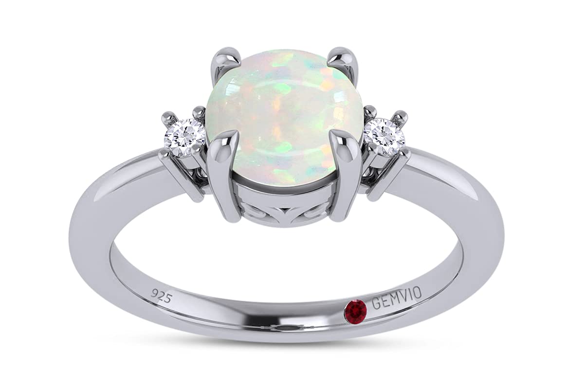 GEMVIO Collection Round Cut 6MM Natural White Opal Gemstone & Diamond Accent Solitaire Rings in 14K White Gold Over Sterling Silver Engagement Anniversary Promise Ring For Womens (0.70Cttw) Size-7.5