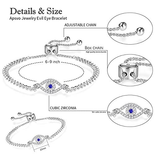 Apsvo Silver Anti Evil Eye Bracelets for Women Adjustable Blue Cubic Zirconia Dainty Third Eye Trendy Jewelry Pulseras de Mal de Ojo Turco Para Mujeres Valentines Day Gifts for Her