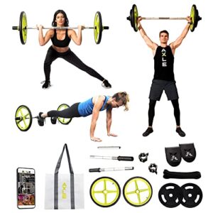 axle home gym bundle workout & exercise equipment, olympic barbell weights set, two 5lbs weight plates, resistance band, foot anchors, & tote bag for fitness & strength training for men, women & youth